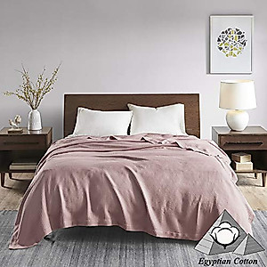 Madison Park Soft Certified 100% Egyptian Cotton Breathable Cozy Blanket, Premium Waffle Knit Classic Design, Luxury All Season Lightweight Cover for Bed, Couch and Sofa, Rose Full/Queen(90"x90")