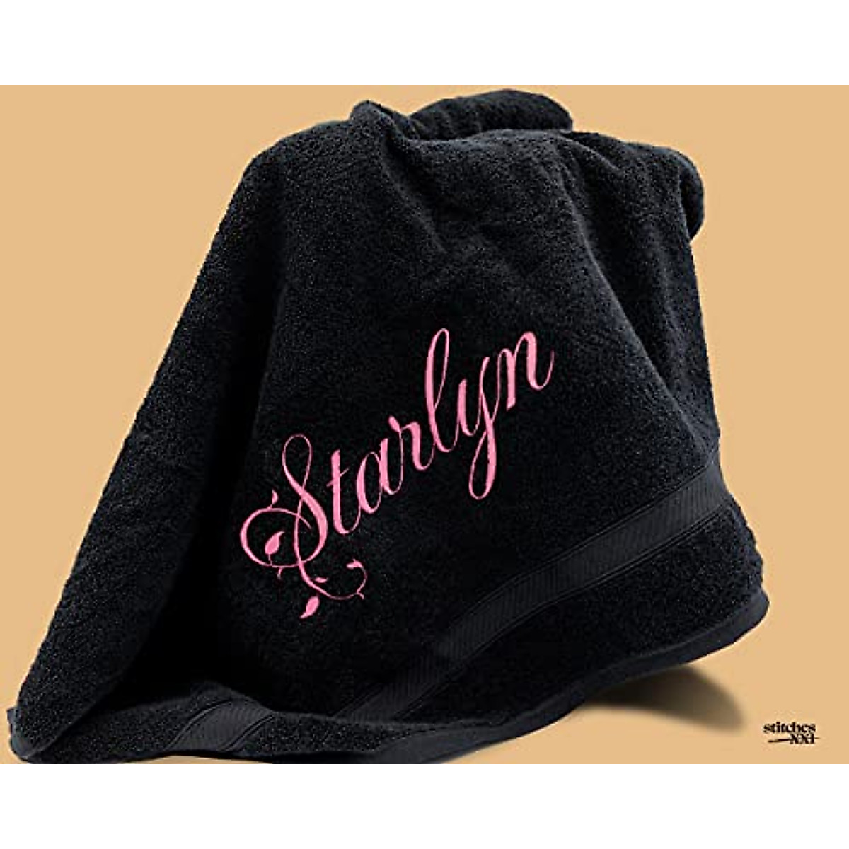 Stitches XXI Personalized Bath Towel. Luxury Embroidered Custom Bathroom Towel 100% Cotton Black 30x54 inches