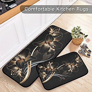 Kigai Kitchen Rugs 2 Piece Waterproof Non Slip Kitchen Mat Black Flower Kitchen Rug Set for Sink Office Kitchen Cafe, 19.7"x47.2"+19.7"x27.6"