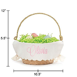 Personalized Easter Egg Basket with Handle and Custom Name in Pink Script | Scallop Edge Linen Easter Basket Liners | Tan Basket | Woven Easter Baskets for Kids and Adults | Customized Easter Basket