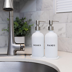 RM Home White Glass Hand and Dish Soap Dispenser Set - Modern Farmhouse Sink Accessories - Liquid Soap Dispenser - 16 oz Kitchen Sink Soap Dispenser Set with Tray, Stainless Pumps & Funnel