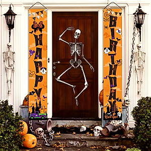 Halloween Birthday Party Decorations Door Banners, 2pcs Happy Birthday Porch Sign Banner, Cartoon Themed Party Supplies Decorations Welcome Door Banner for Halloween Birthday Party