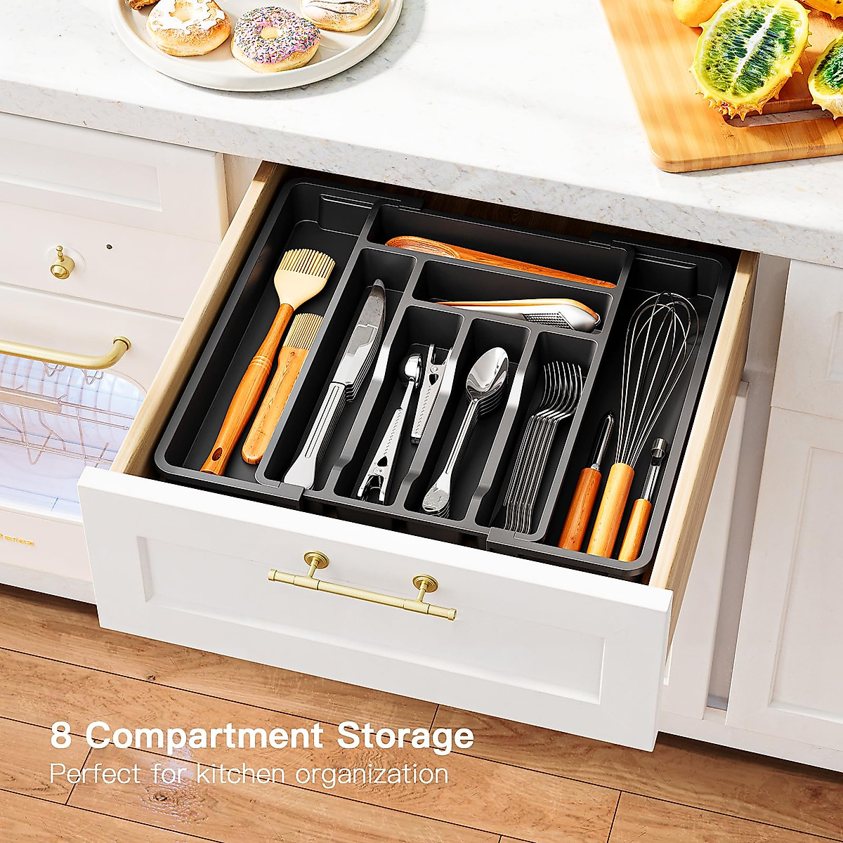 Pipishell Expandable Silverware Organizer, Adjustable PP Plastic Utensil Drawer Organizer, Cutlery Kitchen Drawer Organizer with Upgraded Sliding Track for Knife, Fork & Spoon Storage, Black