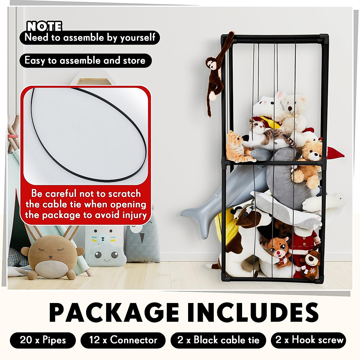 Stuffed Animal Storage Standing Storage Organizer Display Large Stuffed Animal Holder Plush Toy Storage for Kids Room Playroom Bedroom Nursery, Easy to Assemble PVC (Black)