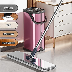 SWIFTIRON Flat Mop and Bucket for Home with Extra Refills, Stainless Steel Mop and Bucket with Wringer, Hands-Free Mop, Wet and Dry Use Mop with Long Handle (Purple)