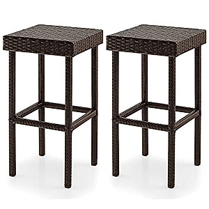 Tangkula Outdoor Bar Stool Set of 2, Patio Rattan Bar Chairs W/Galvanized Steel Frame, Anti-Slip Footpads & Cozy Footrests, Bar Height Chairs for Poolside, Outdoor Bar, Backyard (1, Mix Brown)