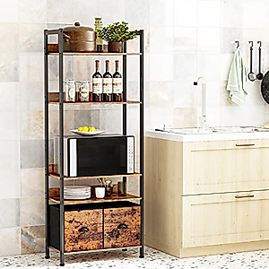 Furologee 5-Tier Bookshelf, Tall Bookcase with 2 Storage Drawers, Industrial Display Standing Shelf Units, Wood and Metal Storage Shelf for Living Room, Bedroom, Home Office, Rustic Brown