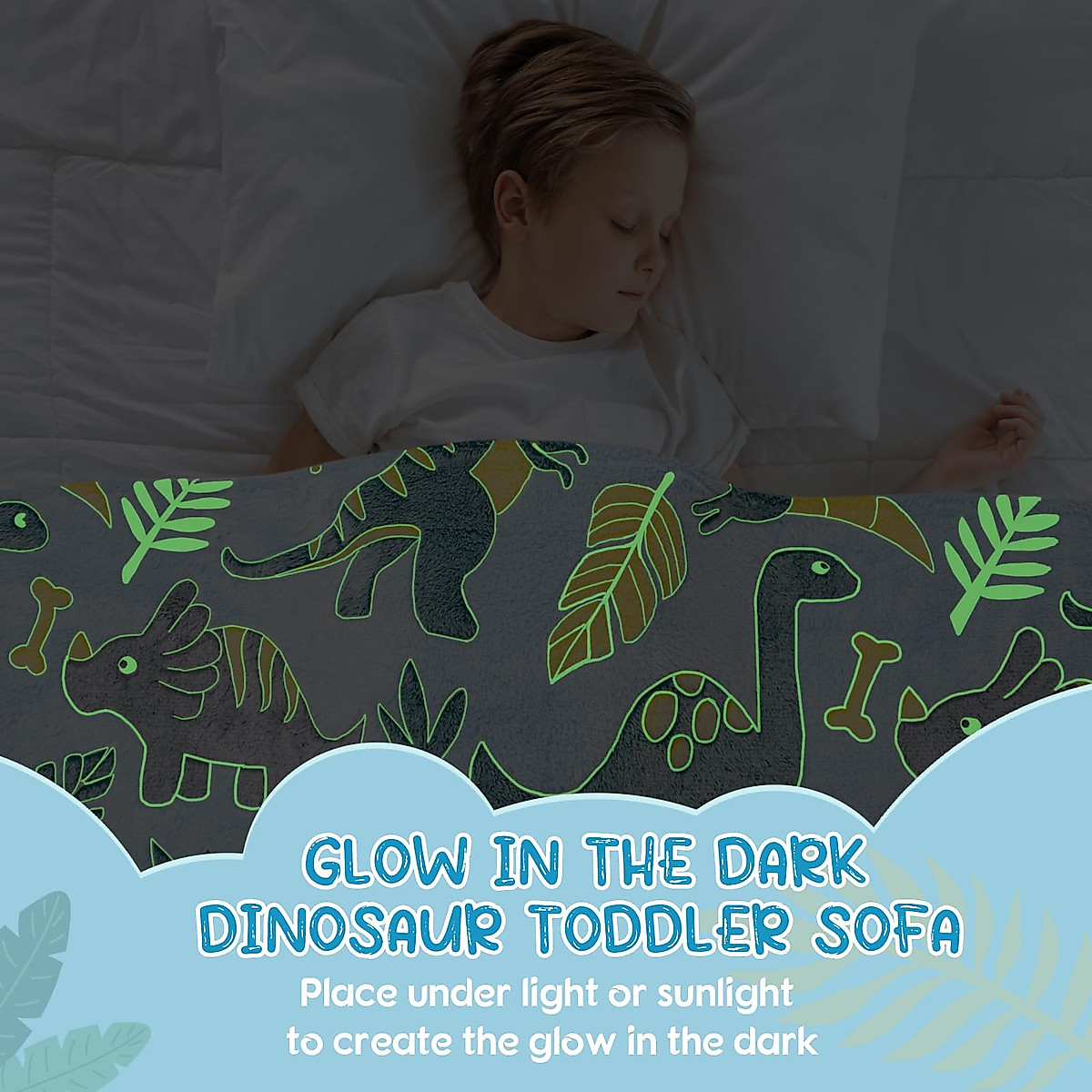 Airpanda Comfy Toddler Couch and Chair for Kids with Blanket, 2-in-1 Soft Plush Fold Out Kids Sofa Chairs for Girls and Boys, Convertible Sofa to Lounger for Playroom, Glowing Dinosaur