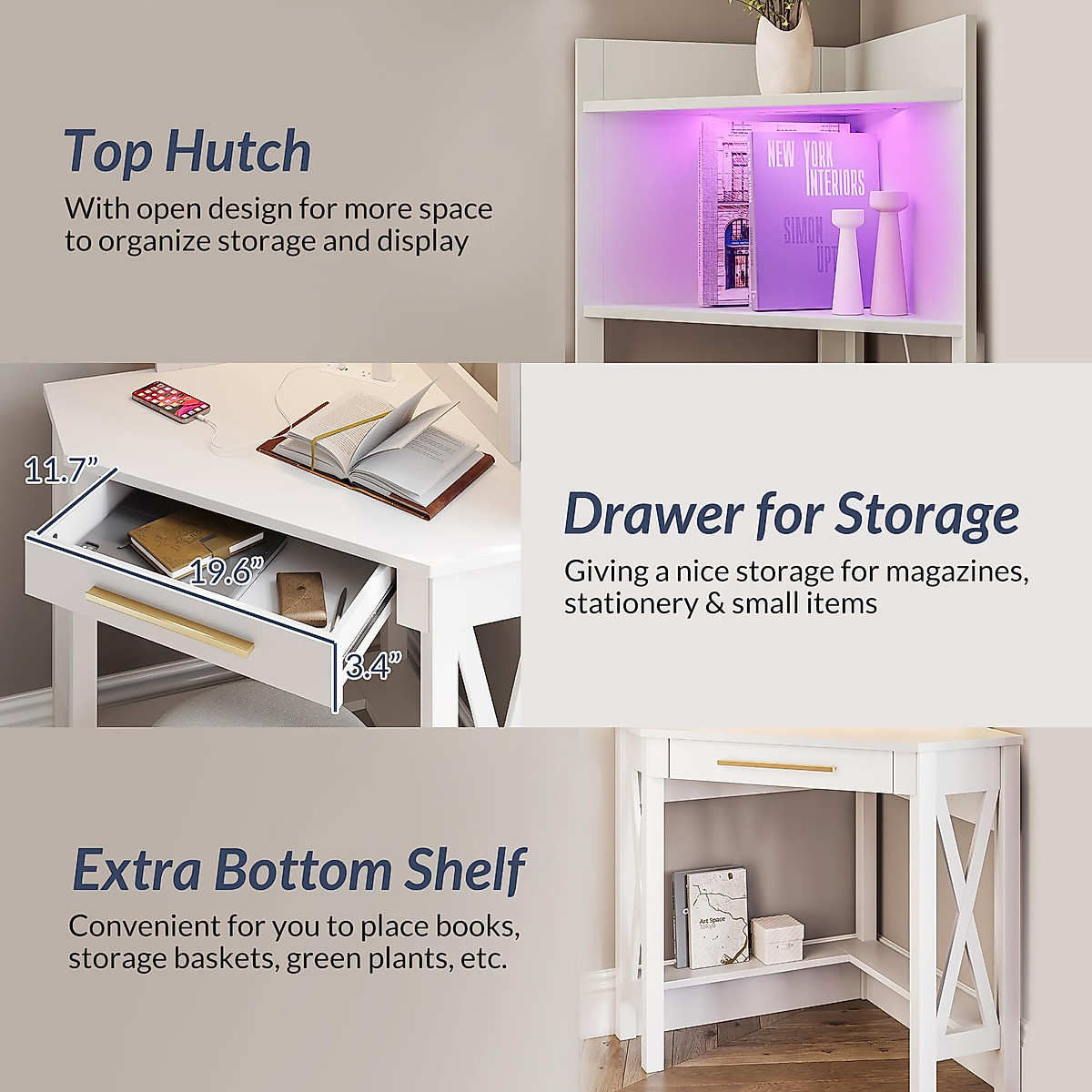 BELLEZE Corner Desk with Hutch, Compact Home Office Desk with Display Shelf and Drawer, Space Saving Writing Desk with Charge Outlets and LED Lights for Living Room, Bedroom - Tate (White)