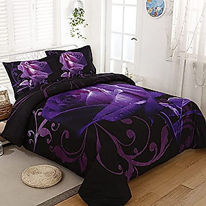 Purple Comforter Set Full Reversible Purple Rose Pattern Printed Bedding Down Comforter with 2 Pillow Cases for All Seasons, Soft Microfiber Bedding Comforter Duvet Set for Full Bed 80"x90"