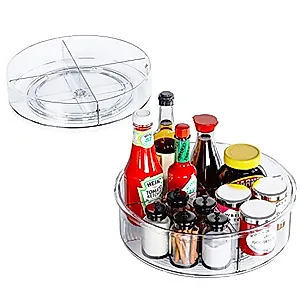 Lazy Susan Turntable, Ohuhu 2 Pack Lazy Susan Organizer 12" & 10.4'' Round Plastic Clear Lazy Susans Spice Rack Non-Skid Turntable Organizer with 2 Division Plate for Cabinet Pantry Fridge Countertop