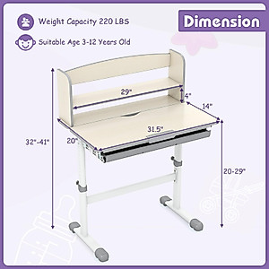 HONEY JOY Kids Desk, Children School Study Desk w/ 7-Level Tiltable Desktop, Height Adjustable Wooden Table w/Bookshelf & Pull-Out Drawer, Student Writing Workstation, Desk for Girls Boys (Gray)