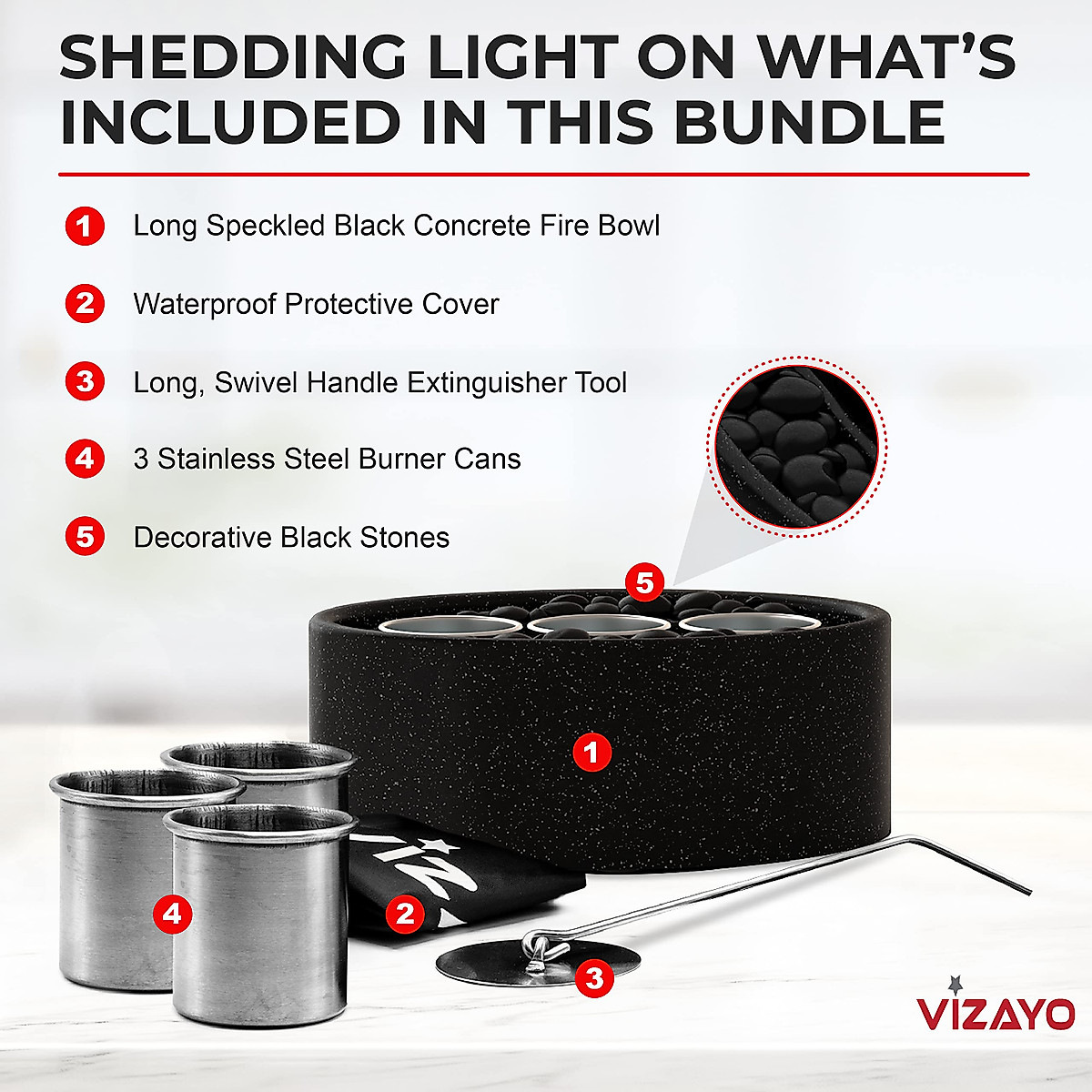 Vizayo Tabletop Fire Pit for Patio - 14.2 x 10.2 inch Indoor Outdoor Table Top Firepit Bowl - Use Gel Fuel Cans, Bioethanol or Isopropyl Alcohol - Tabletop Fireplace for Balcony, Patio Decor - Black