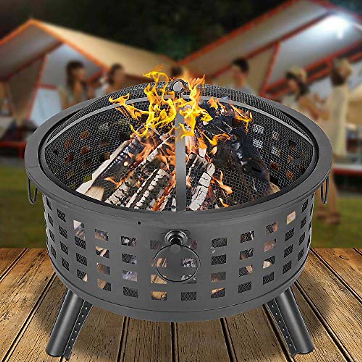 Long & Bright 26 Inch Round Lattice Fire Bowl Wood Burning Fire Pit Decoration for Backyard Garden Black