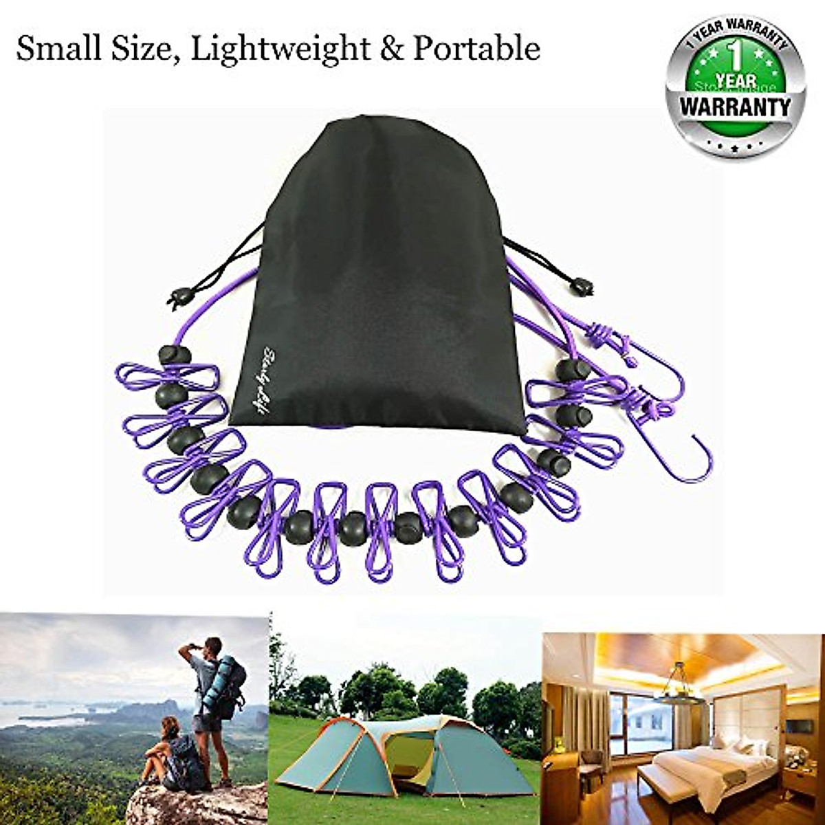 Adjustable Elastic Clothesline with Clips and Positioning Balls Portable Retractable Windproof Laundry Hanging Rope for Travel Camping Indoor Use Anti-Skid Washing Line with Drawstring Bag Purple