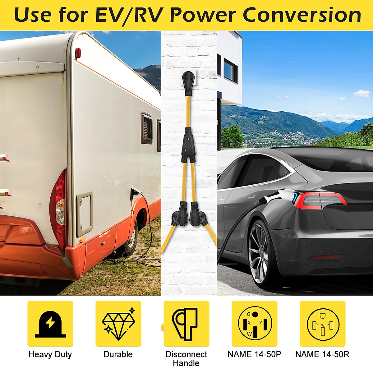 50 Amp Y Splitter Adapter, NEMA 14-50P to 2 Outlet 14-50R Y Splitter for RV and EV, 3 Feet 120V/240V 4 Prong 6AWG/3C + 8AWG/1C for Male Plug Female Receptacle Outdoor Power Cord