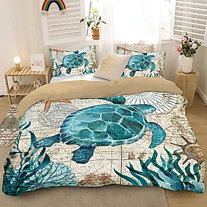 MUSOLEI Ocean Comforter Set Turtle Comforter Set, Sea Turtle Bedding Collections Soft for Teen Boys Turquoise Ocean Themed Mediterranean Style Printed Design Quilt Set Queen Size Comforter（Queen）