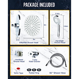 High Pressure 8" Rainfall Shower Head and Handheld Shower Heads Combo, with 60" hose, Punch-free, Dual Powerful Shower Spray Detachable with Holder, Chrome, Regulator fit for High, Low Water Flow