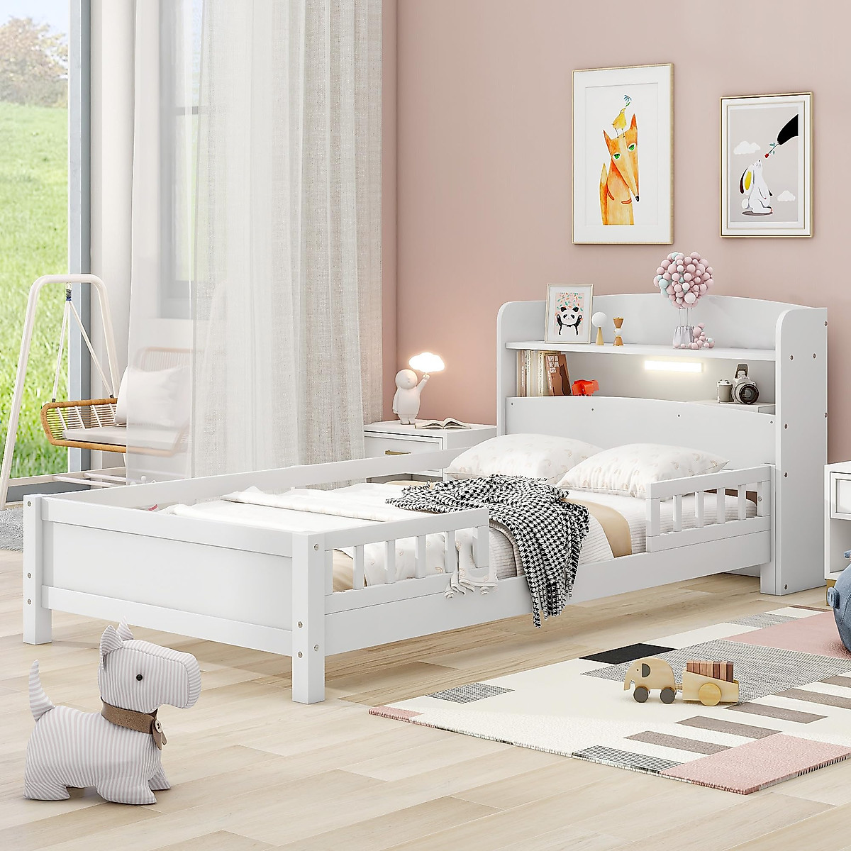 Bellemave Twin Bed Frame with Storage Headboard, White - Solid Wood Kids Bed with Built-in LED Light, Guardrail & Slats - 87L x 43W x 31.2H inches - Includes Tools for Assembly