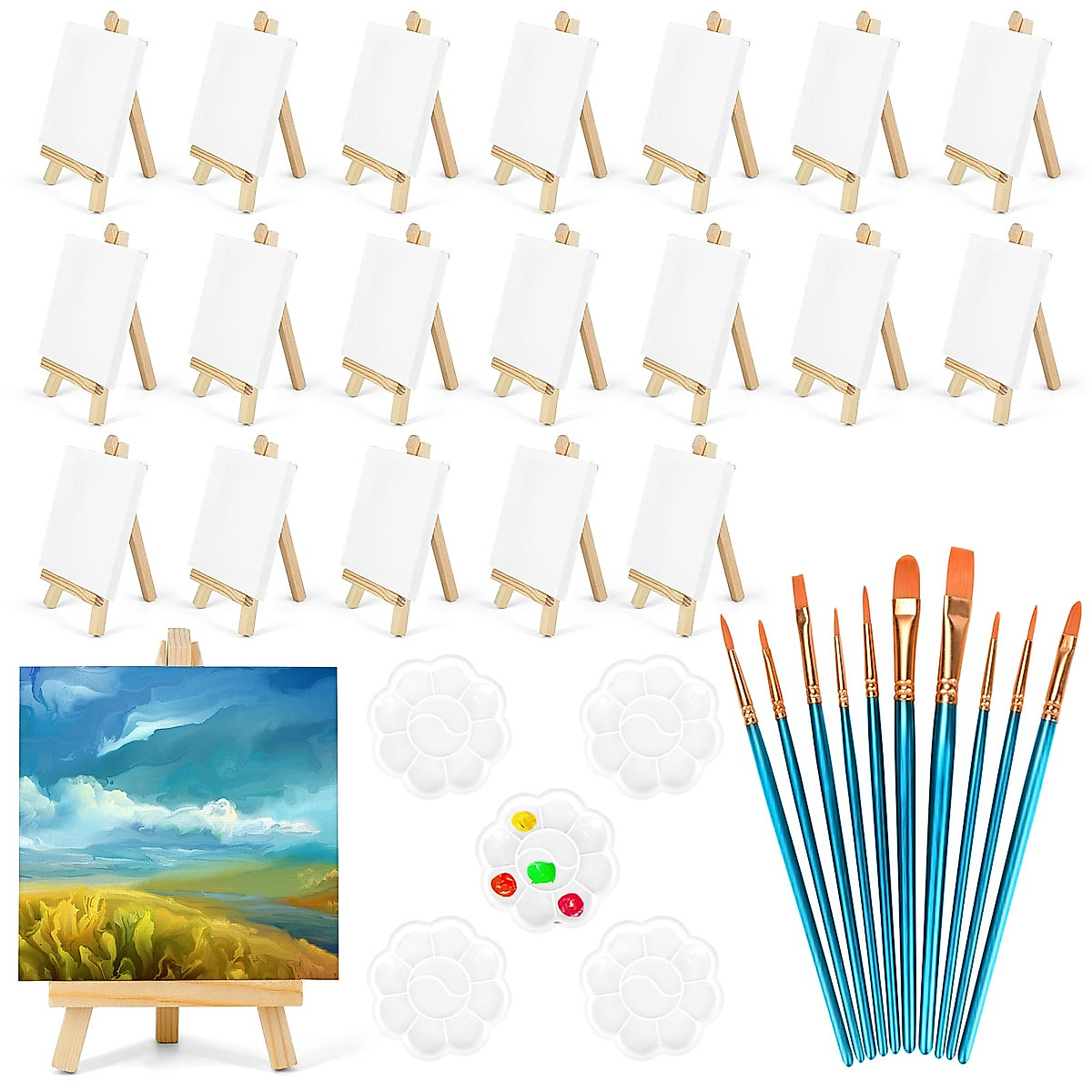 20 Pack Mini Canvases, Small Stretched Painting Canvas with Mini Easel,4x4 in Art Canvases Painting Kit with 10 Brushes & 5 Paint Tray for Kids Teenagers Acrylic Pouring Oil Water Color Gift……