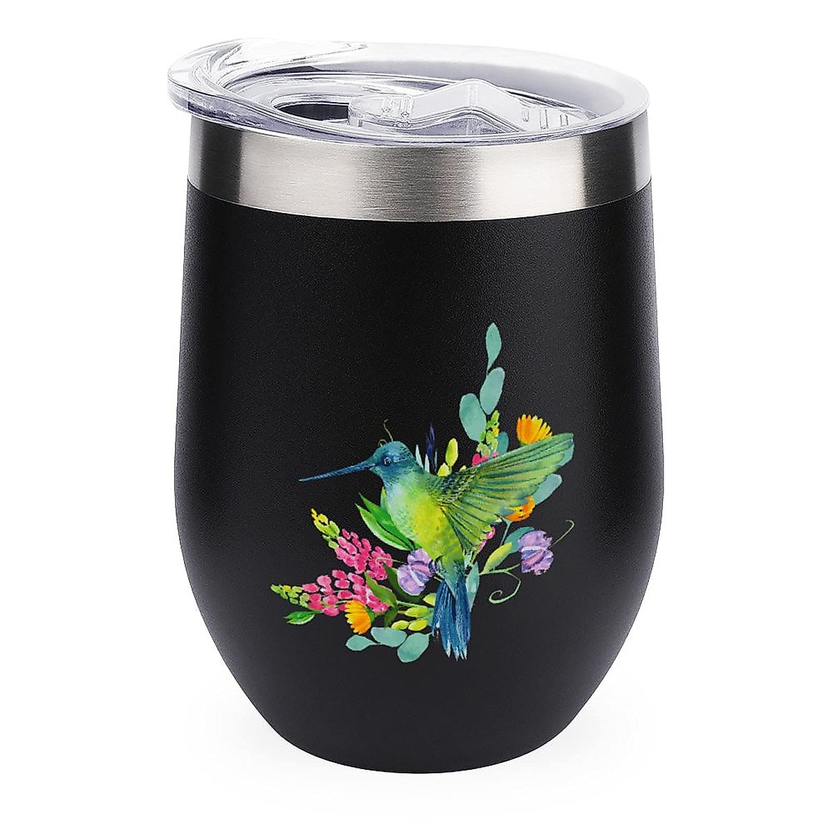 Hon-Lally Hummingbird Flower Pattern 12 oz Stainless Steel Wine Tumbler with Lid Mug Cup Double Wall for Coffee, Cocktail, Drink, Tea and Beer - black-style