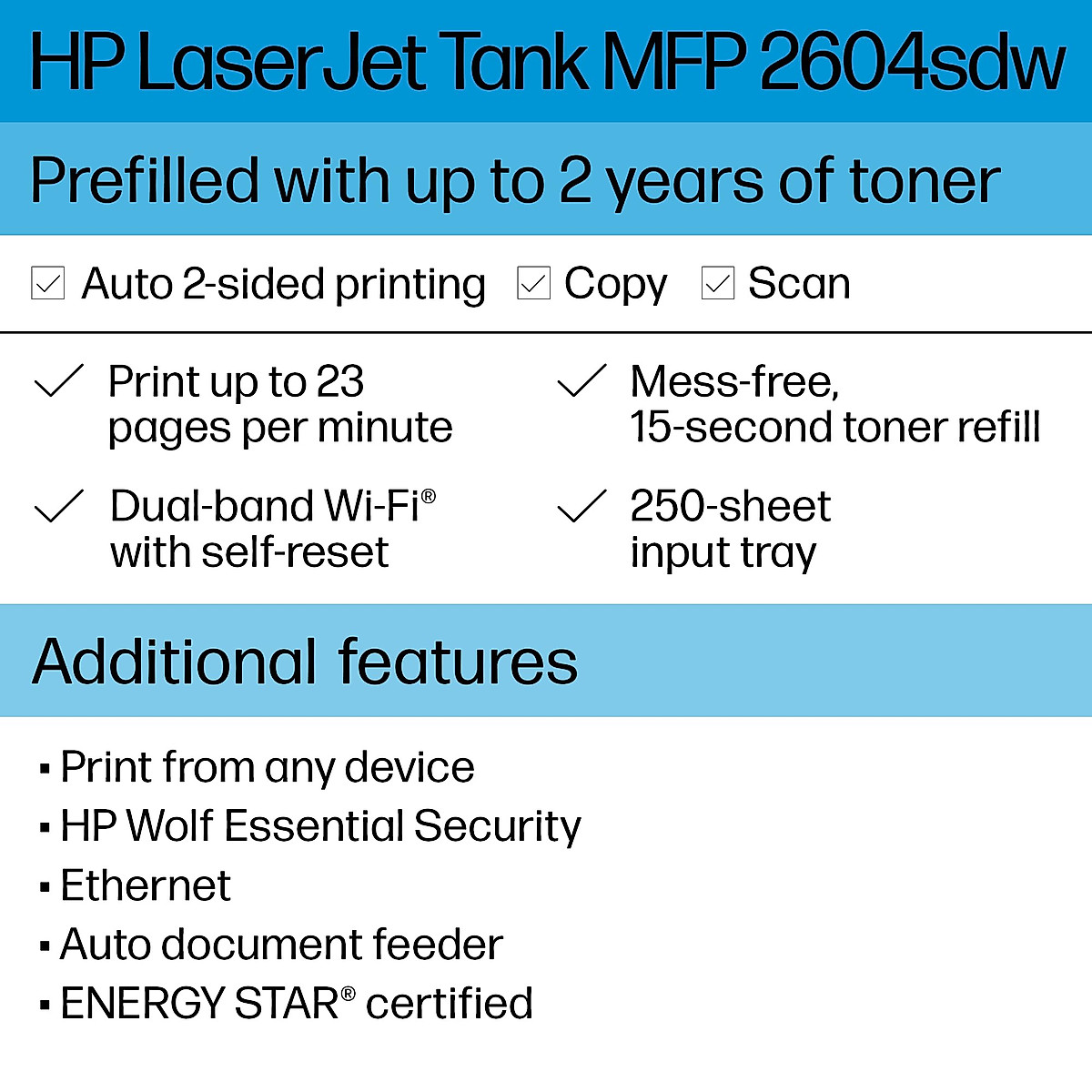 HP LaserJet Tank MFP 2604sdw Wireless Black & White Printer Prefilled With Up to 2 Years of Original HP Toner (381V1A)