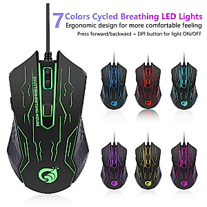 BAKTH Multiple Color LED Rainbow Backlit Wired Gaming Keyboard and Mouse Combo, USB Ergonomic Computer Keyboard with 7 Colors 3600DPI 6 Button Mouse for PC Windows Mac Game and Work