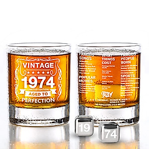 Old Fashioned Glasses 1974-Vintage 1974 old time information 10.25oz Whiskey Rocks Glass -50th Birthday Aged to Perfection - 50 years old gifts Bourbon Scotch Lowball Old Fashioned-1PCS