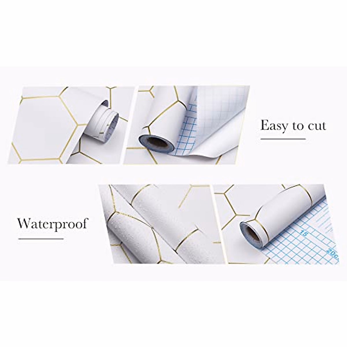 Fiula Gold and White Geometric Wallpaper Peel and Stick Wallpaper Hexagon White Wallpaper 17.3”×78.7”Decorative Shelf Drawer Liner Roll Waterproof