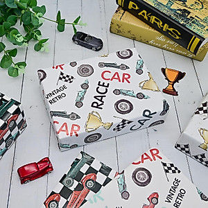 Vnaaem 8 Pc Race Car Wrapping Paper - Birthday Wrapping Paper for Kids Boys - Vintage Retro Car Gift Wrap for Christmas Birthday Baby Shower Holiday 19.6 X27.8Inch
