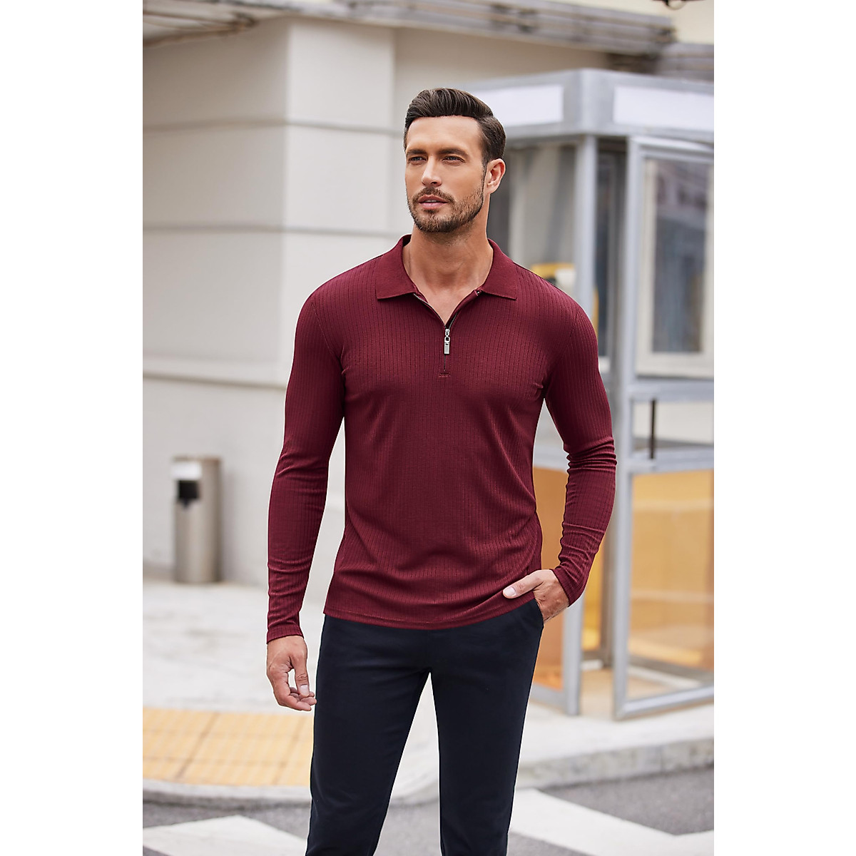 COOFANDY Men's Fitted T Shirts Long Sleeve Slim Fit Knitted Muscle Polo Shirts Stretch Pullover Shirts for Men Wine Red