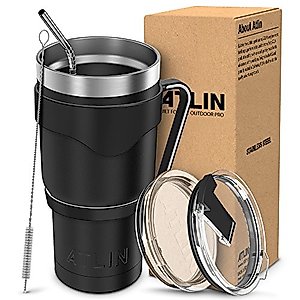 Atlin Tumbler [30 oz. Double Wall Stainless Steel Vacuum Insulation] - Black Travel Mug [Crystal Clear Lid] Water Coffee Cup [Straw + Handle Included]For Home, Office, School, Ice Drink, Hot Beverage