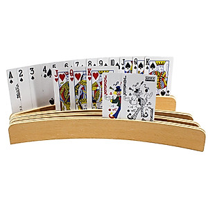 VINJOE Panorama Natural Wooden Curved Playing Card Holders Organizer Tray-Premium Solid Beechwood Playing Card Holders-Card Holder for Kids and Elder-Set of 4