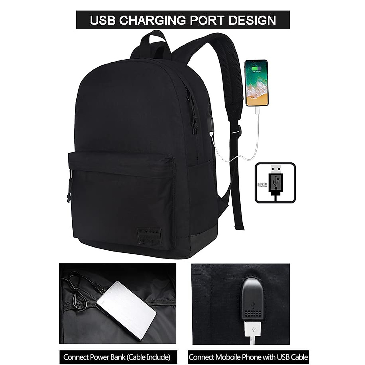 SUPACOOL Lightweight Casual Laptop Backpack with USB Charging Port and Set of 8 Black Travel Mesh Organizer Bags