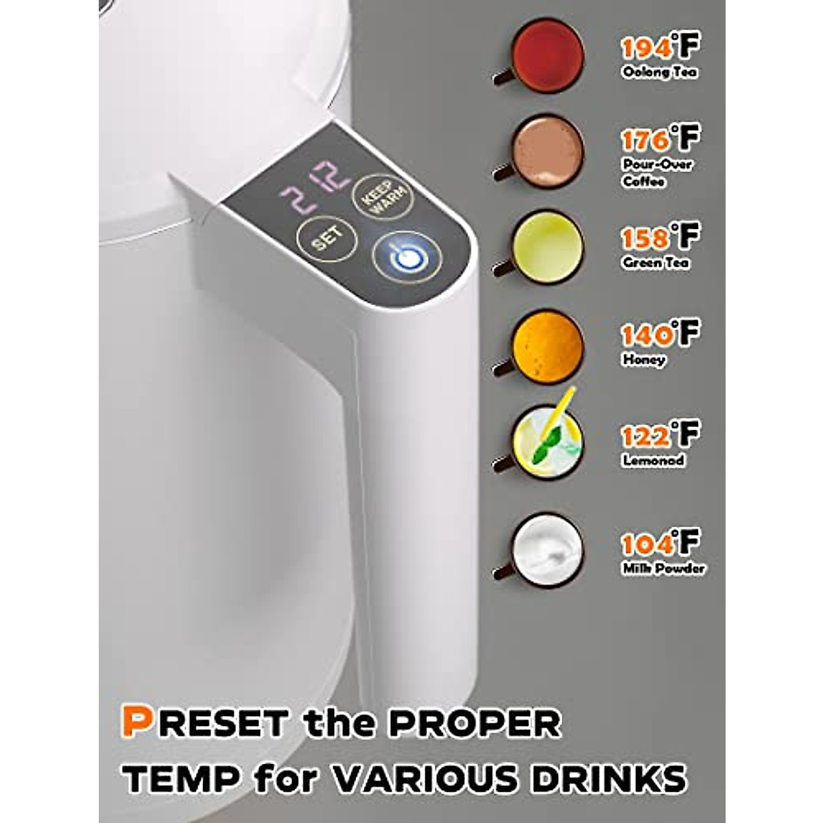 JOYHILL Electric Kettle Temperature Control,6 Variable Temperature Tea Kettle, Stainless Steel Interior 12 Hours Keep Warm,1500W Hot Water Boiler with STRIX Thermostat and Boil-Dry Protection,White