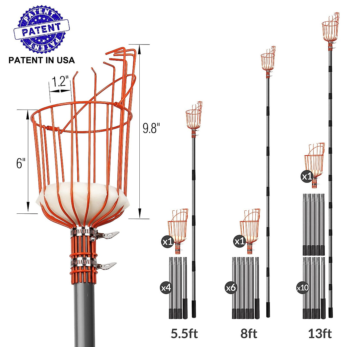 Walensee 13FT Fruit Picker, Adjustable Fruits Picker Tool with Lightweight Stainless Steel Pole and Big Basket, Fruit Catcher Equipment Tree Picker for Apples Mango Pear Orange Avocados Fruit Picking