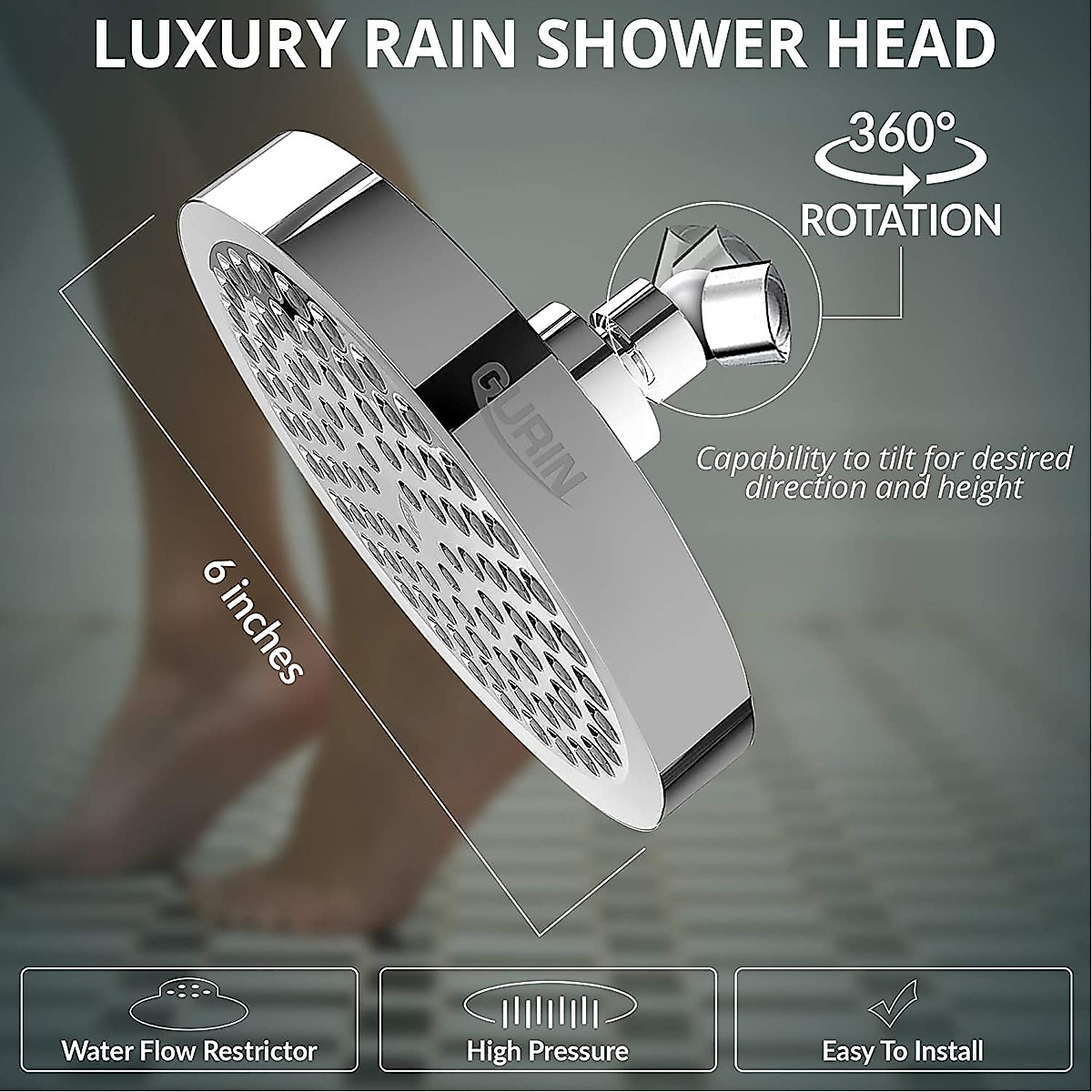 GURIN Shower Head High Pressure Rain, Luxury Bathroom Showerhead with Chrome Plated Finish, Adjustable Angles, Anti-Clogging Silicone Nozzles (California 1.8 GPM)