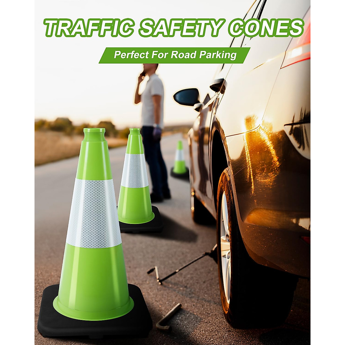 BESEA 6Pack 18" inch Traffic Cones Green Safety Cones PVC Construction Cones with 6 inch Reflective Collar for Home Driveway Road Parking Use(6 Cones)