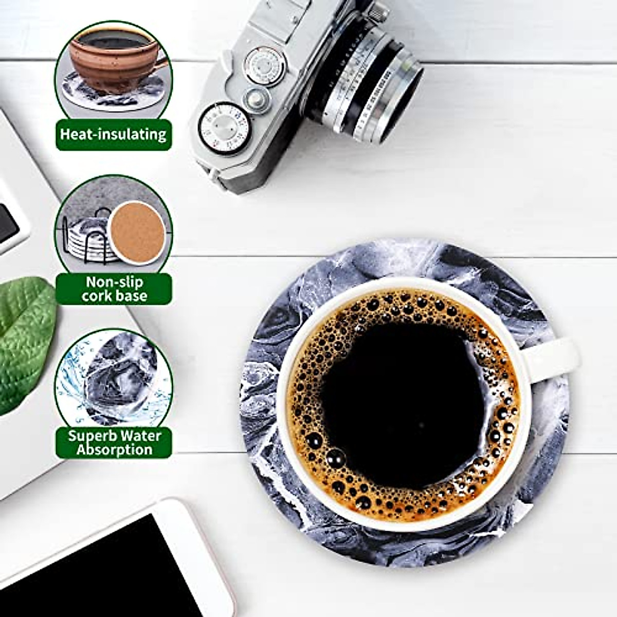 Coasters with Holder, Absorbent Coasters by DSNDVES, Set of 6 Ceramic Coasters, Marble Style Drink Coasters with Cork Base, Bar Coasters, Round Stone Coasters Black Ink Painting