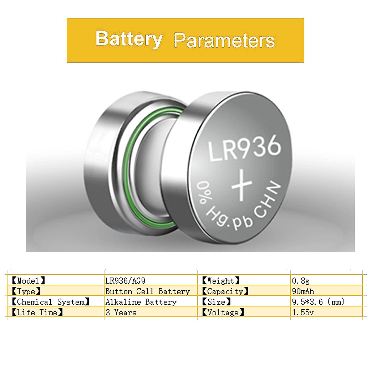 50pcs AG9 Button Watch Coin Cell 1.5V 394 SR936SW LR936 LR45 SR93 Alkaline AG9 Batteries for Watches, Laser Sight, Thermometer, Flashlight, Electronic Doorbell, LED Magnification Loupes