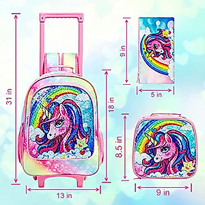 TXHVO 3PCS Rolling Backpack for Girls, Kids Rainbow Unicorn Bookbag with Roller Wheels, Cute Suitcase School Bag Set for Elementary Toddler
