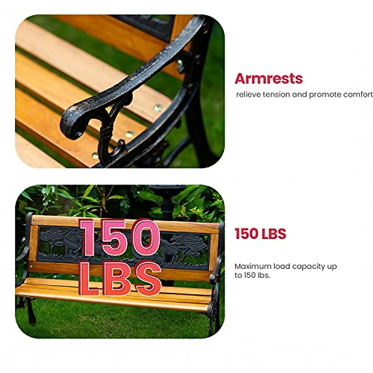 Outdoor Garden Bench Patio Bench for Kids, Porch Bench with Animals Style Back and Cast Iron Armrest Park Bench Metal Wood Bench Weather Proof Outside Patio Furniture for 1-5 Teenagers Children