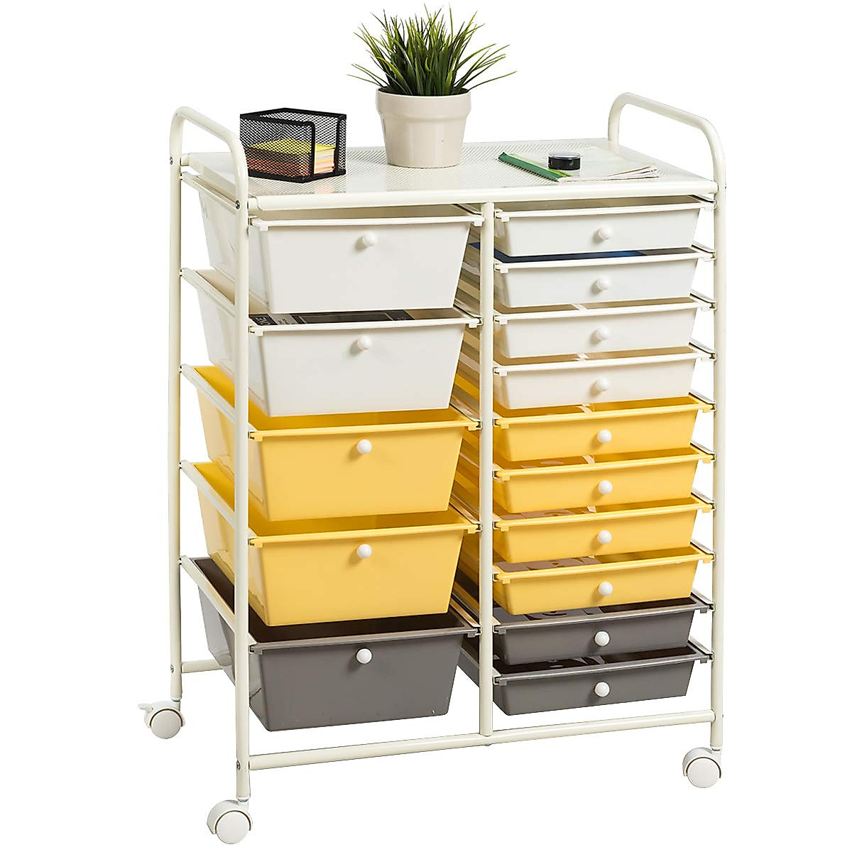 MEDIMALL 15 Drawers Rolling Storage Cart, Multipurpose Craft Storage Cart with Wheels, Mobile Tools Scrapbook Paper Organizer Cart for School Home Office Use (Yellow)