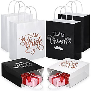 24 Pack Bridal Party Gift Bags Bridesmaid Gift Bag with Handle Bachelorette Gift Bags Team Groom and Team Bride Gift Bags with 24 White Tissue Paper for Wedding, White and Black, 9 x 8 x 4 Inch