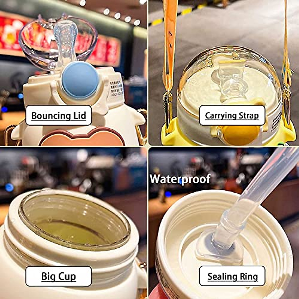 excvalues Kawaii Water Bottle with Straw and Strap, Cute Water Bottles with 3D Stickers, Large Capacity Leak-Proof Bottles for Girls School (White)