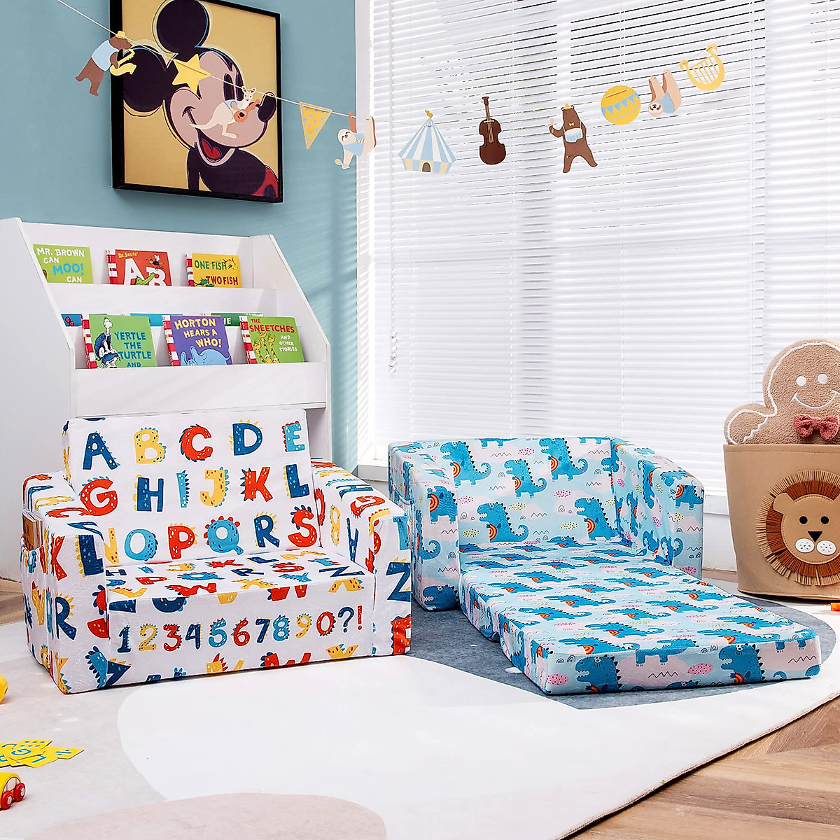 Costzon Kids Couch, 2 in 1 Flip Open Children's Sofa w/Velvet Fabric, Storage Pockets, Toddler Armrest Chair Bed for Nap Play Sleep, Ideal Gift for 0-4 Years Old Baby Boys Girls, Alphabet