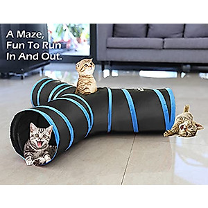 Pawaboo Cat Toys, Cat Tunnel Tube 3-Way Tunnels 25x40cm Extensible Collapsible Cat Play Tent Interactive Toy Maze Cat House Bed with Balls and Bells for Cat Kitten Kitty Rabbit Small Animal, Blue