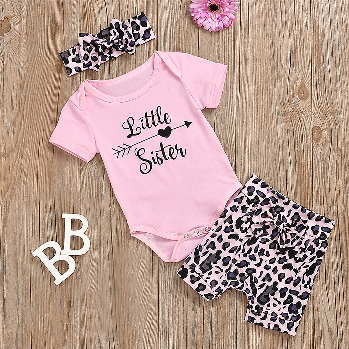 GRNSHTS Baby Girl Sister Matching Clothes Infant Little Sister Short Sleeve Romper+Leopard Shorts+Headband 3Pcs Outfits (Leopard Little Sister, 0-6 Months)