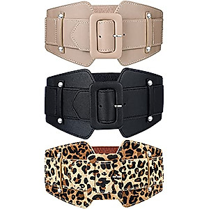 Geyoga 3 Pieces Women Waist Belt Elastic PU Leather Corset Cinch Belt Stretchy Retro Corset Belt Chunky Buckle Belts Waistband for Dresses, Leopard, Brown, Black