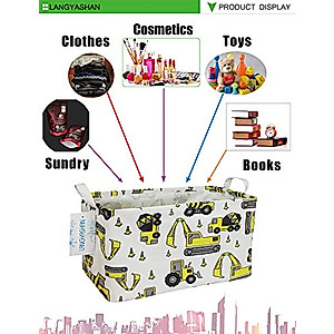 LANGYASHAN Rectangular Storage Bin Collapse Canvas Fabric Cartoon Storage Basket with Handles for Organizing Home Kitchen Boys and Girls Toys Office Closet Shelf Baskets (Rec Engineering Vehicle)